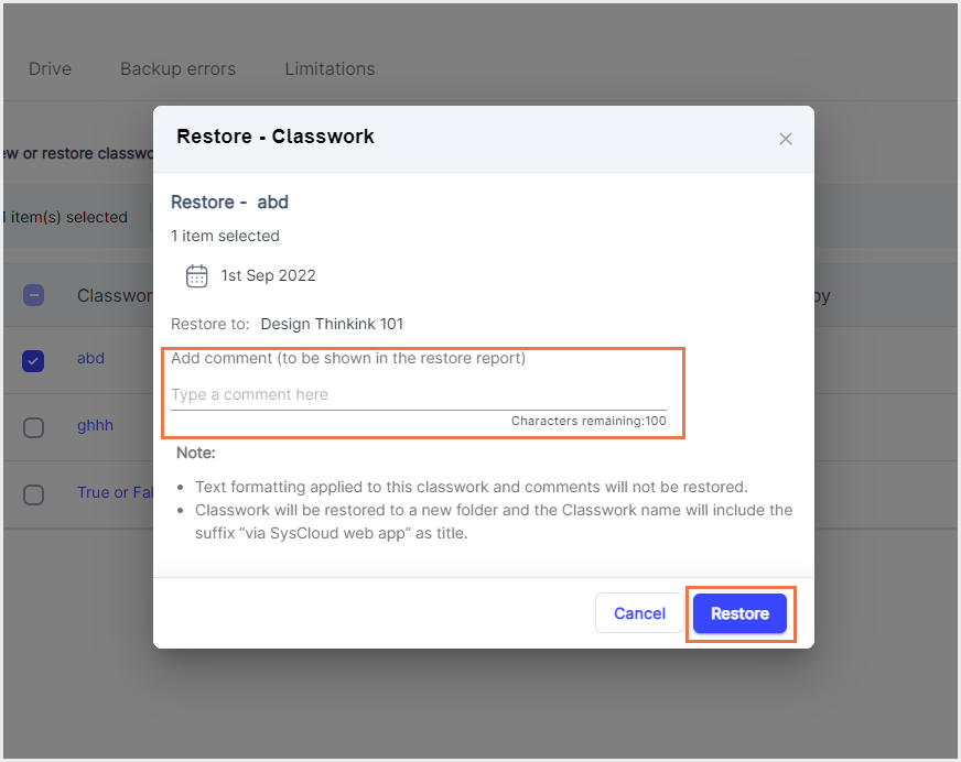 How to restore the Google Classroom Classwork data from the SysCloud backup application?